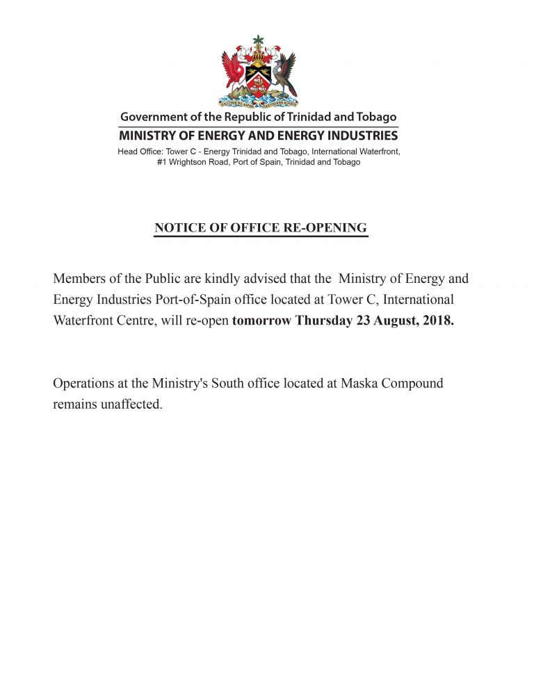 Ministry of Energy and Energy Industries | NOTICE OF OFFICE RE-OPENING