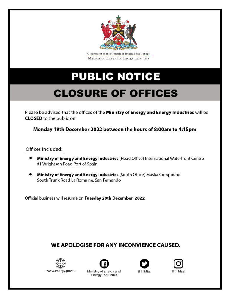 Ministry of Energy and Energy Industries | PUBLIC NOTICE CLOSURE OF OFFICES