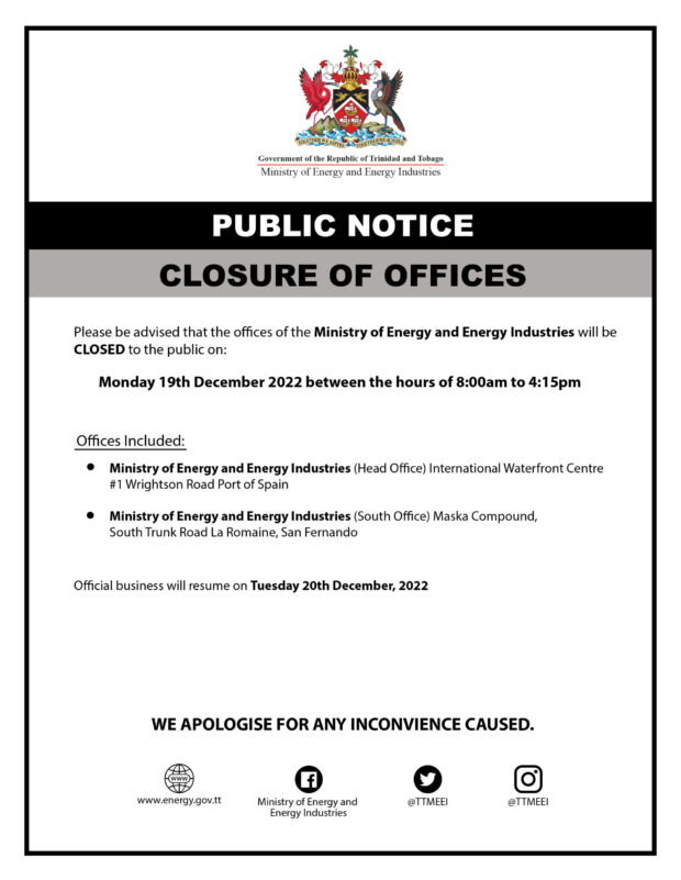 Ministry of Energy and Energy Industries | PUBLIC NOTICE CLOSURE OF OFFICES